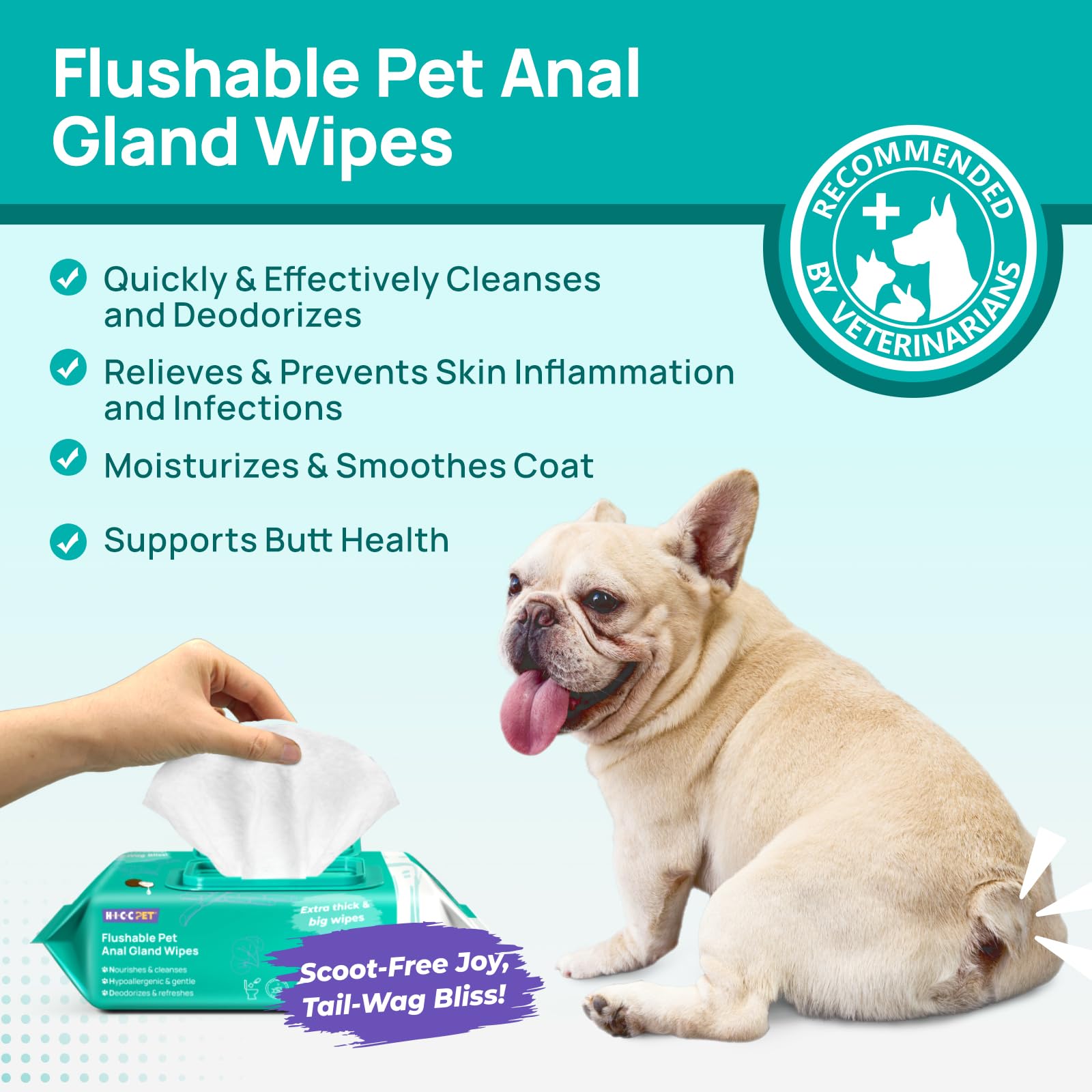 HICC PET Wipes for Dogs & Cats, Cleansing Deodorizing & Soothing Allergy Infections Anal Gland Pets Wipes with Coconut Oil - Dog Grooming Wipes for Butt and Paw - Hypoallergenic & Vet Recommended