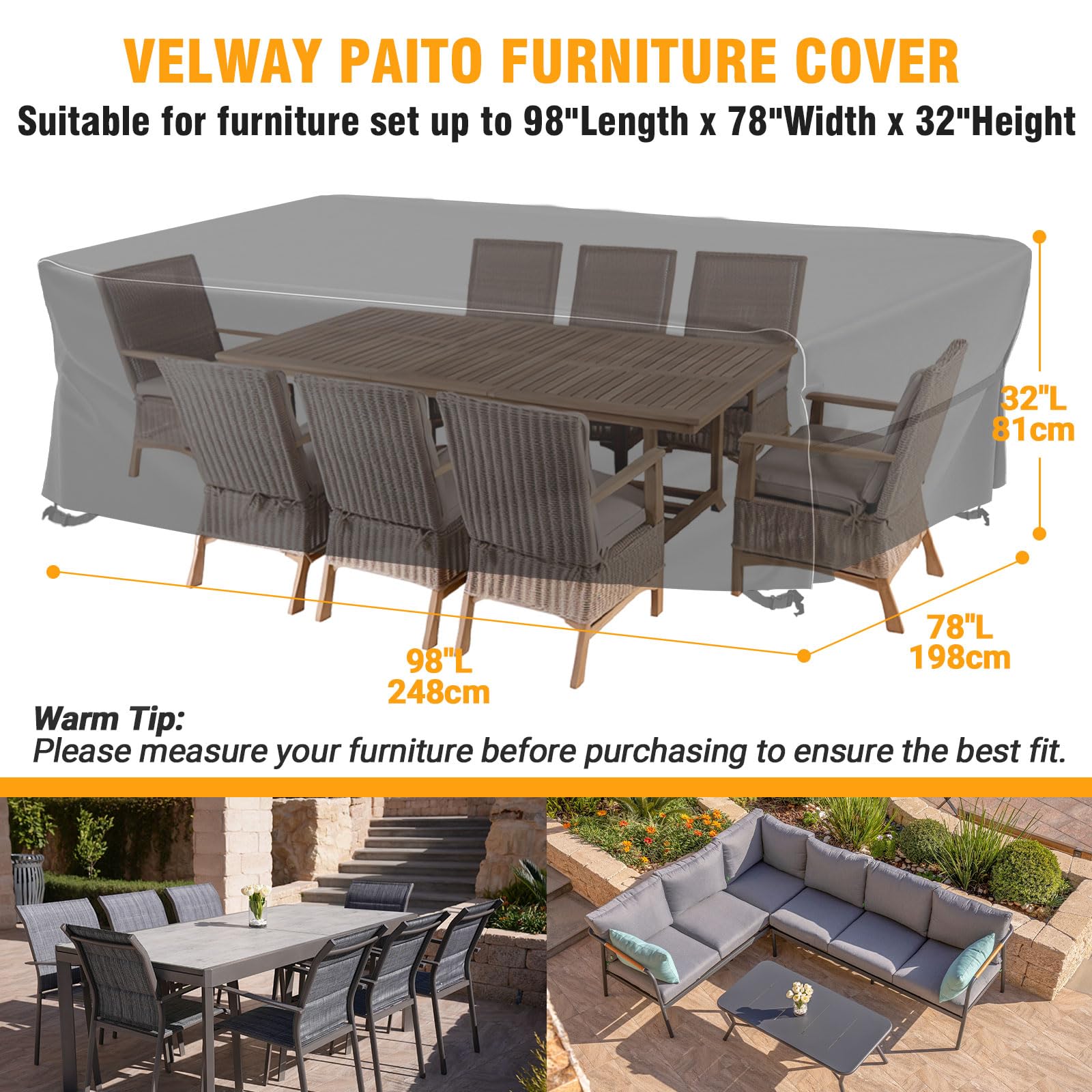 Velway Patio Furniture Set Cover - Heavy Duty 420D Waterproof Weatherproof Sofa Couch Set Covers Garden Dining Table Chair Set Cover with Reflective Tape Rectangular 98"L x 78"W x 32"H - Black