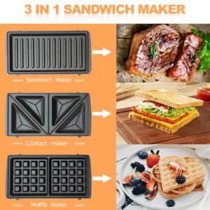 AAYUJUP Waffle Iron Sandwich Maker：3 In 1 Mini Waffle Maker With Removable Plates Waffle Irons Non-Stick Waffle Cone Maker Waffle Machine For Waffle Grill Sandwich