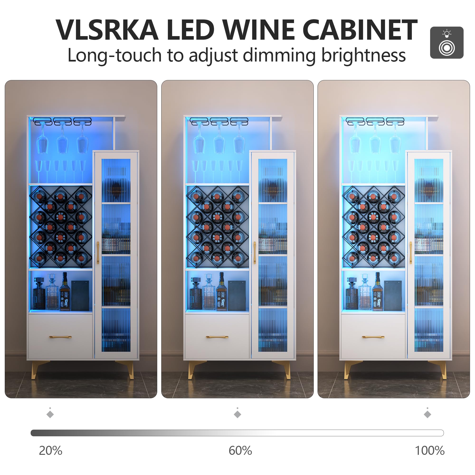 Vlsrka LED Liquor Wine Cabinet, Wine Bar Cabinet with USB Port, Bar Cabinets for 18 Bottle Wine Rack and 3 Glass Holder, Tall Sideboard Buffet Storage Cabinet for Living, Dining Room, White