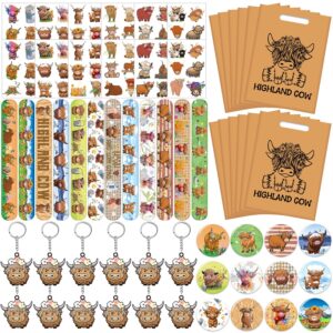 lcnjscgo highland cow party favors highland cow theme slap bracelets key chains badges temporary tattoo stickers gift bags for kids highland cattle farm animal birthday party supplies baby shower