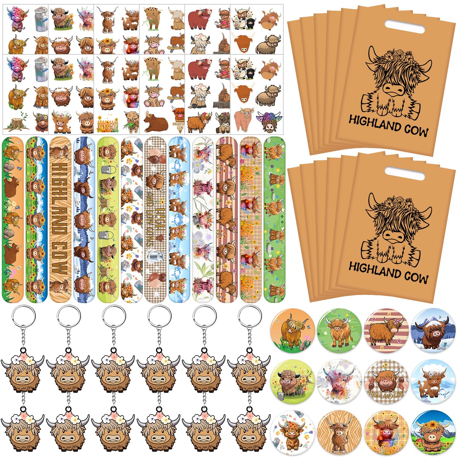 Lcnjscgo Highland Cow Party Favors Highland Cow Theme Slap Bracelets Key Chains Badges Temporary Tattoo Stickers Gift Bags for Kids Highland Cattle Farm Animal Birthday Party Supplies Baby Shower