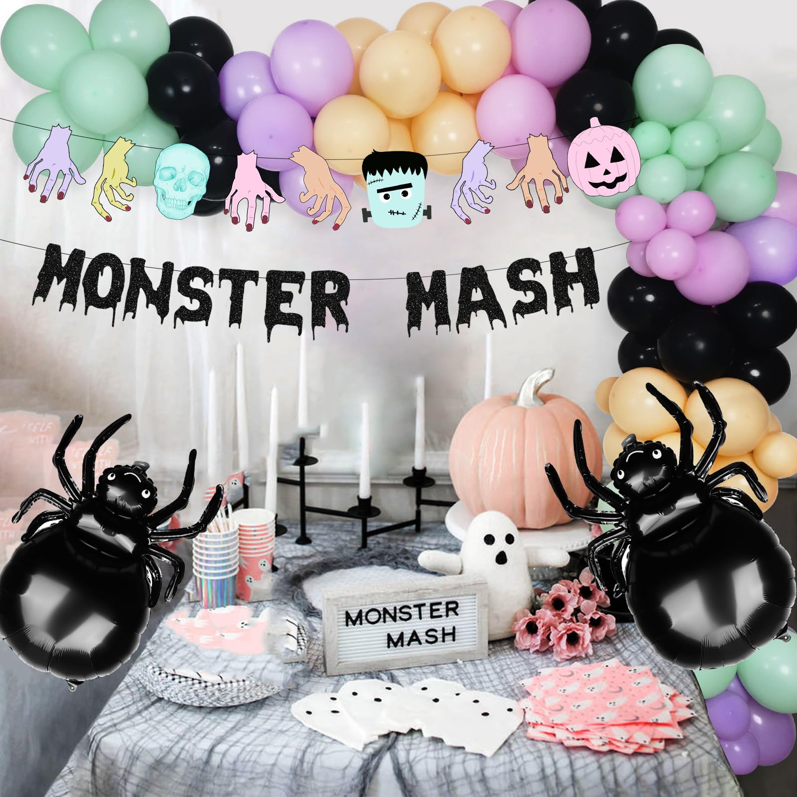 Halloween Monster Balloon Garland Arch kit, Black Purple Green Balloons with Spider Foil Balloons Monster Mash Banner for Hocus Pocus Spooky Halloween Baby Shower Birthday Party Decorations