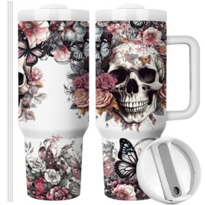 equoza horror gifts idea for men - 40oz gothic skulls stainless steel travel mug tumbler with handle, double wall vacuun insulated cup with lid and straw