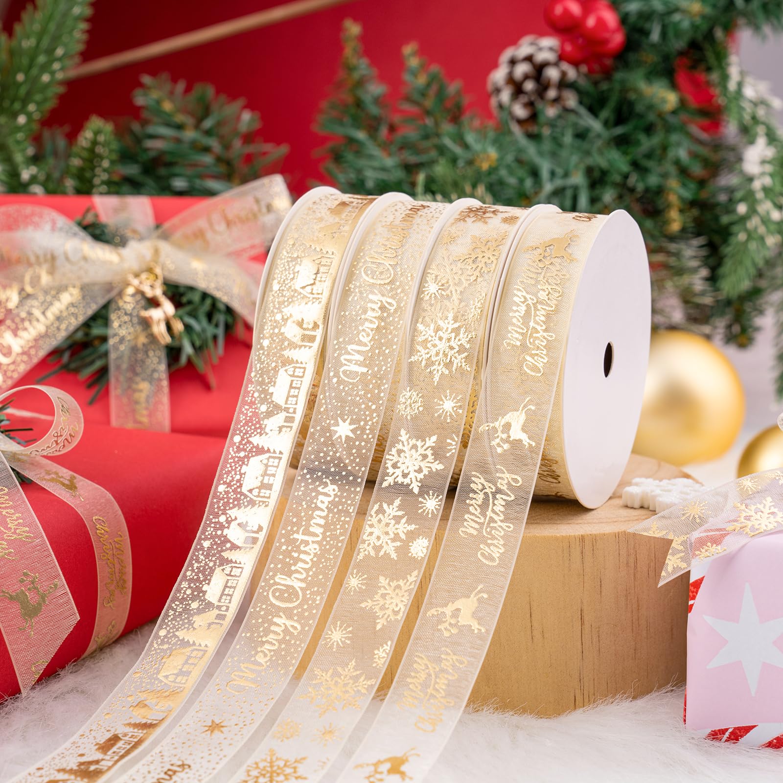 Holijolly Christmas Gold Sheer Ribbon - Merry Christmas Tree and Star Snow Yarn Ribbon for Gift Wrap, Decorating - 3/4 inch x 10 Yard