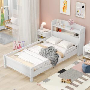 bellemave twin bed frame with storage headboard, white - solid wood kids bed with built-in led light, guardrail & slats - 87l x 43w x 31.2h inches - includes tools for assembly