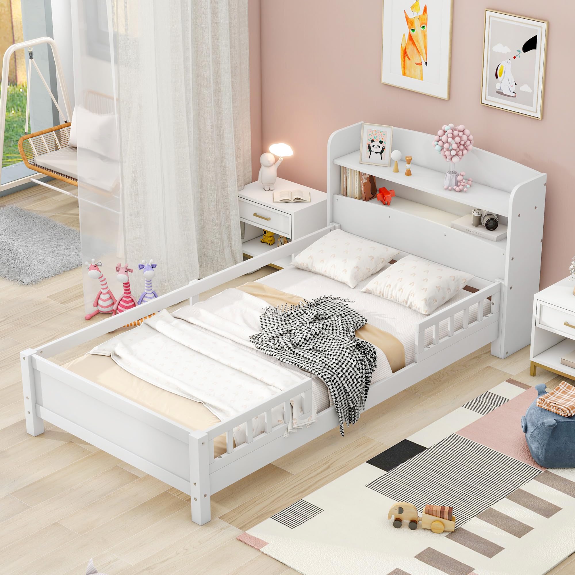 Bellemave Twin Bed Frame with Storage Headboard, White - Solid Wood Kids Bed with Built-in LED Light, Guardrail & Slats - 87L x 43W x 31.2H inches - Includes Tools for Assembly