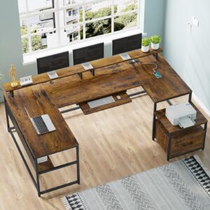 SEDETA U Shaped Desk, Reversible L Shaped Home Office Desk with File Drawer & Power Outlet, 101.5'' Computer Two Person Desk with Monitor Shelf, Keyboard Tray, Gaming Desk, Rustic Brown