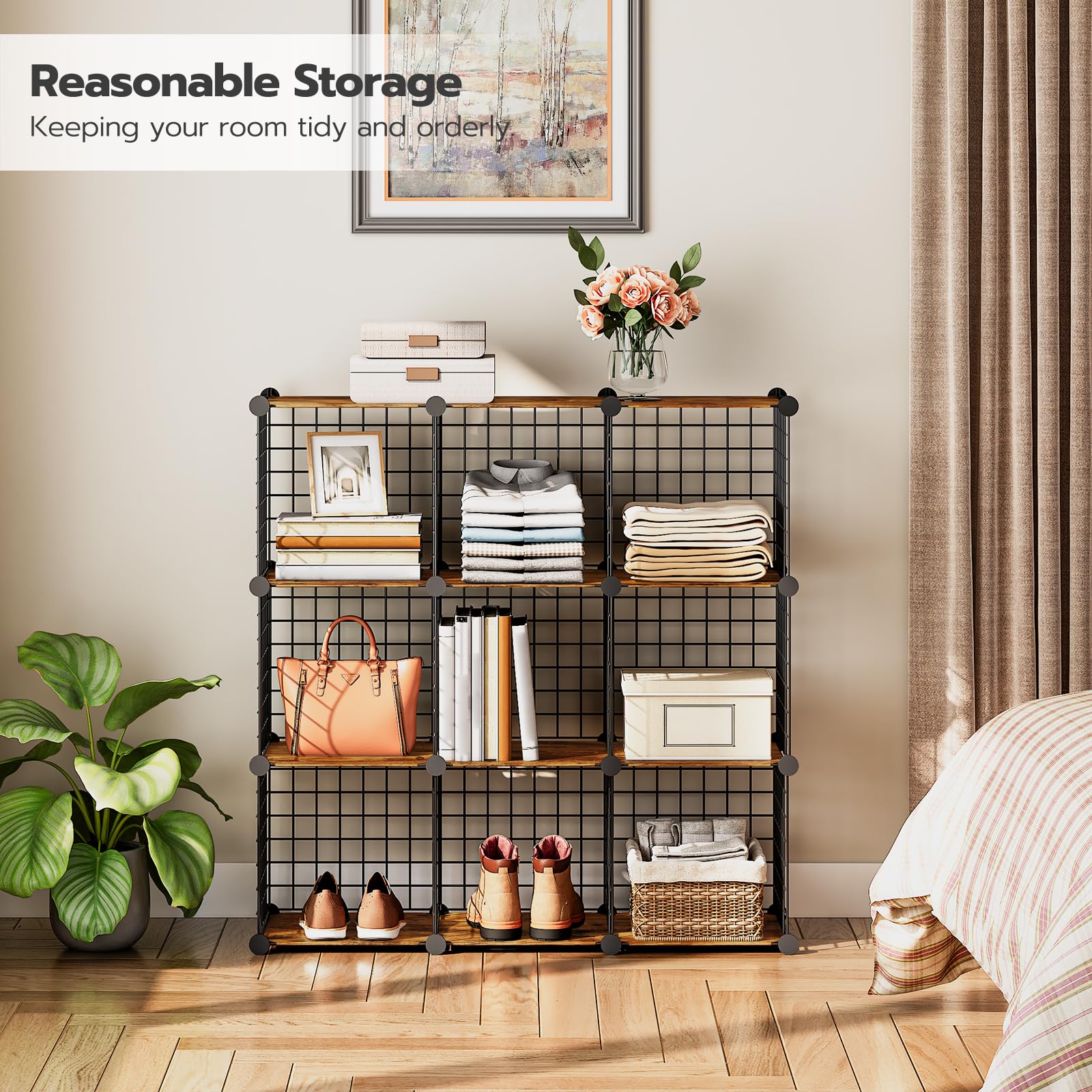 HOOBRO Cube Storage Organizer, Wire Cube Storage, 9-Cube Metal Grid Storage Shelf, Modular Cabinet, DIY Cube Bookshelf, for Living Room, Bedroom, Study, Rustic Brown and Black BF09CW01