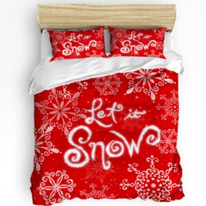 idowmat duvet covers queen size - breathable soft bedding set comforter cover with zipper corner ties queen duvet cover set for all seasons,(3 pcs,red snowflakes flower let-it snow)