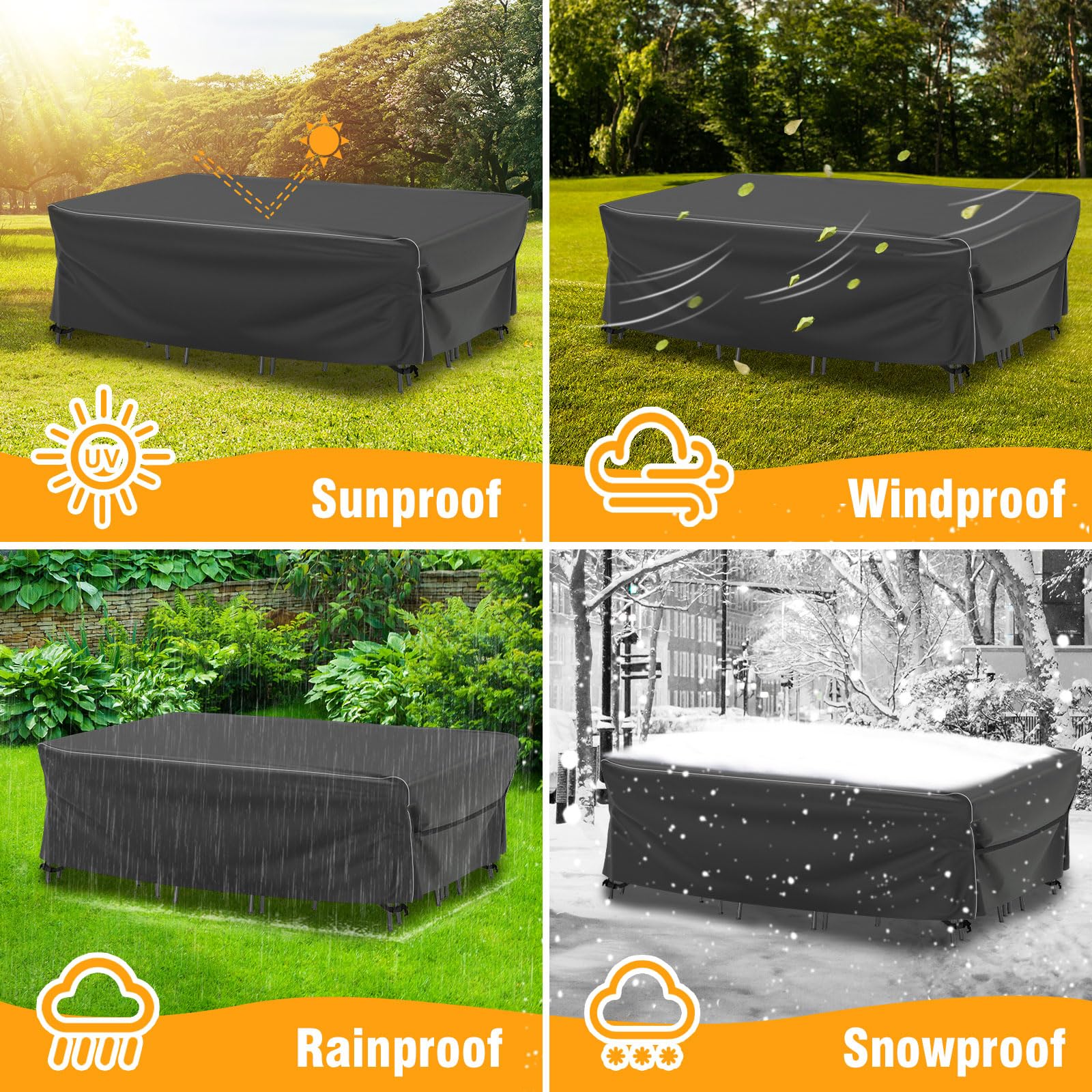 Velway Patio Furniture Set Cover - Heavy Duty 420D Waterproof Weatherproof Sofa Couch Set Covers Garden Dining Table Chair Set Cover with Reflective Tape Rectangular 98"L x 78"W x 32"H - Black