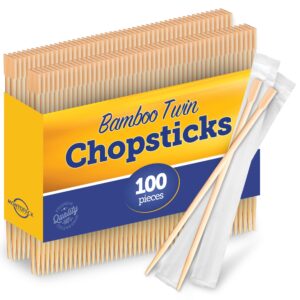 montopack individually wrapped twin chopsticks | bulk 100 pack disposable wooden chopsticks | chinese bamboo splinter-free party utensil for sushi, rice, noodles & all asian, japanese, korean dishes