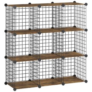 hoobro cube storage organizer, wire cube storage, 9-cube metal grid storage shelf, modular cabinet, diy cube bookshelf, for living room, bedroom, study, rustic brown and black bf09cw01