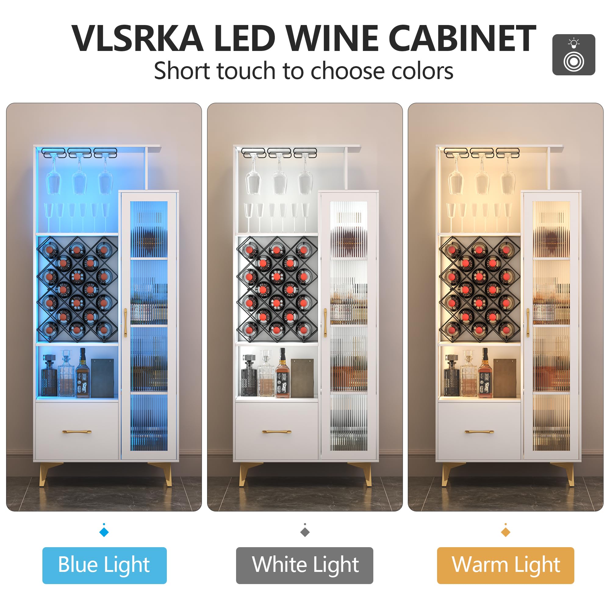 Vlsrka LED Liquor Wine Cabinet, Wine Bar Cabinet with USB Port, Bar Cabinets for 18 Bottle Wine Rack and 3 Glass Holder, Tall Sideboard Buffet Storage Cabinet for Living, Dining Room, White