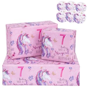 ruspepa birthday wrapping paper sheets with 7 year old pink pattern great for birthday gift wrap, 6 fold on sheets each set, 27 inches x 19 inches