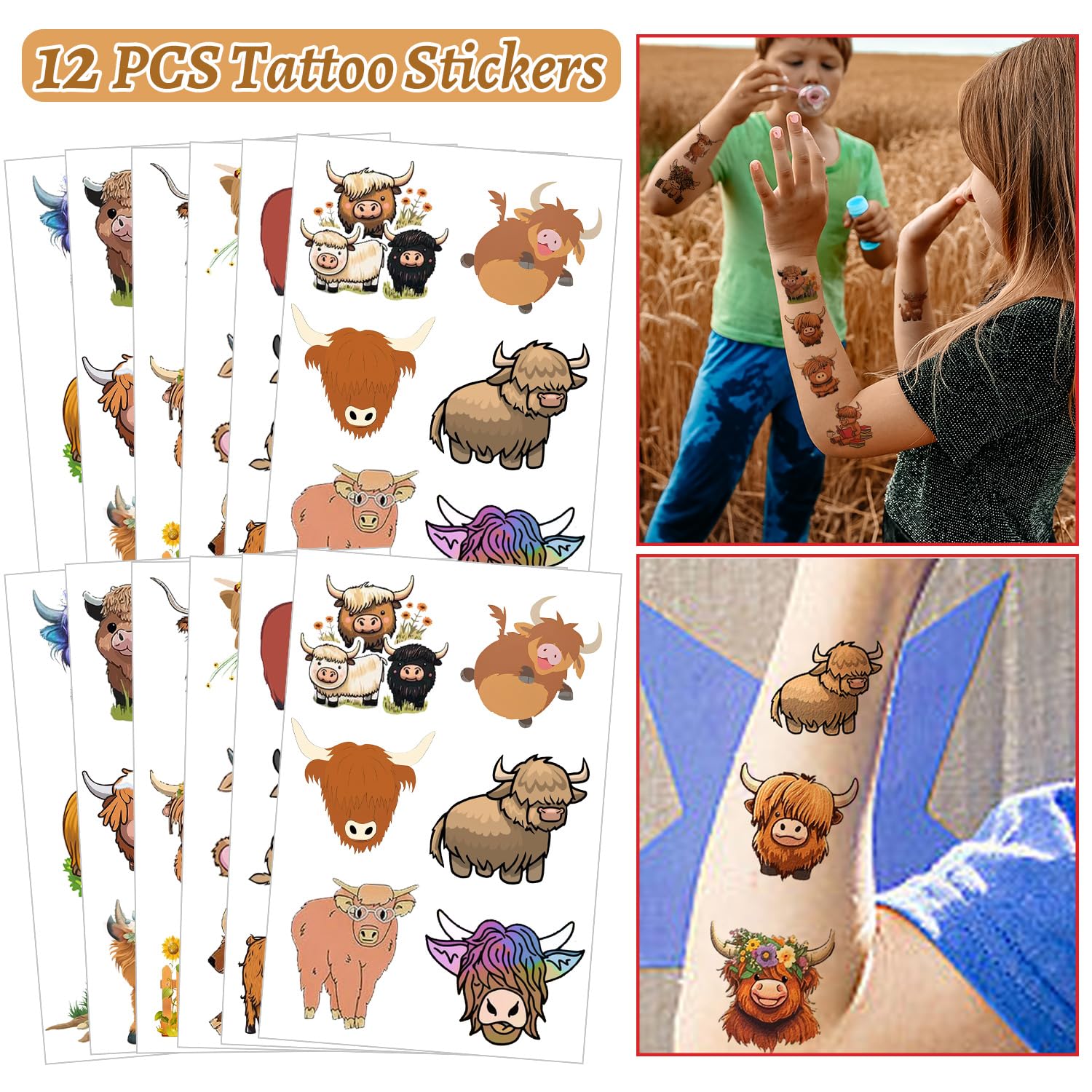 Lcnjscgo Highland Cow Party Favors Highland Cow Theme Slap Bracelets Key Chains Badges Temporary Tattoo Stickers Gift Bags for Kids Highland Cattle Farm Animal Birthday Party Supplies Baby Shower