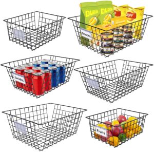 dr.dudu 6 pack extra large wire storage baskets for organizing with lables, metal kitchen organizers and storage baskets for pantry garage freezer, onion potato snack storage bins (black)