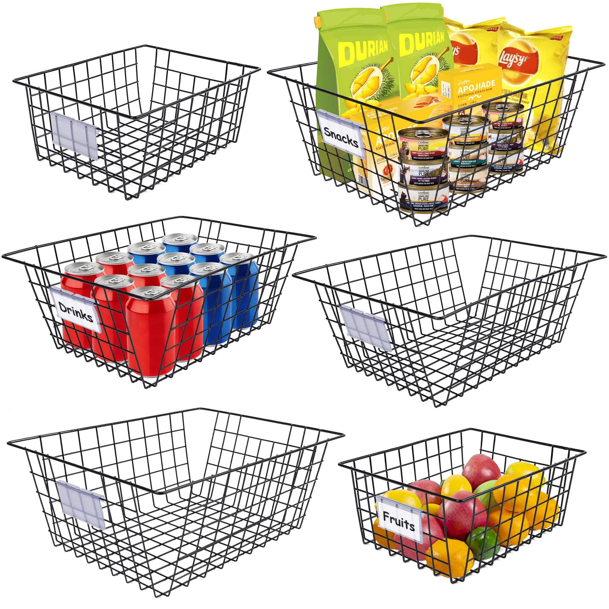 DR.DUDU 6 Pack Extra Large Wire Storage Baskets for Organizing with Lables, Metal Kitchen Organizers and Storage Baskets for Pantry Garage Freezer, Onion Potato Snack Storage Bins (Black)