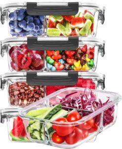 skroam 5-packs 36oz glass airtight food storage containers 3 compartments, glass meal prep container set with lids for pantry kitchen organizers and storage, bpa free glass lunch boxes bento