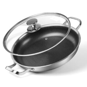 12 inch stainless steel frying pan 4.5 qt saute pan non-stick omelette pan skillet frying pan with cooling handle and glass lid for induction, gas, ceramic and electric stovetops