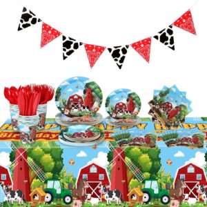 hushee 171 pcs farm animals theme party supplies cowboy farm barn party tablecloth 24 guests dinner plates dessert plates cups napkins banner for baby shower western cowgirl farm party decoration