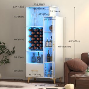 Vlsrka LED Liquor Wine Cabinet, Wine Bar Cabinet with USB Port, Bar Cabinets for 18 Bottle Wine Rack and 3 Glass Holder, Tall Sideboard Buffet Storage Cabinet for Living, Dining Room, White