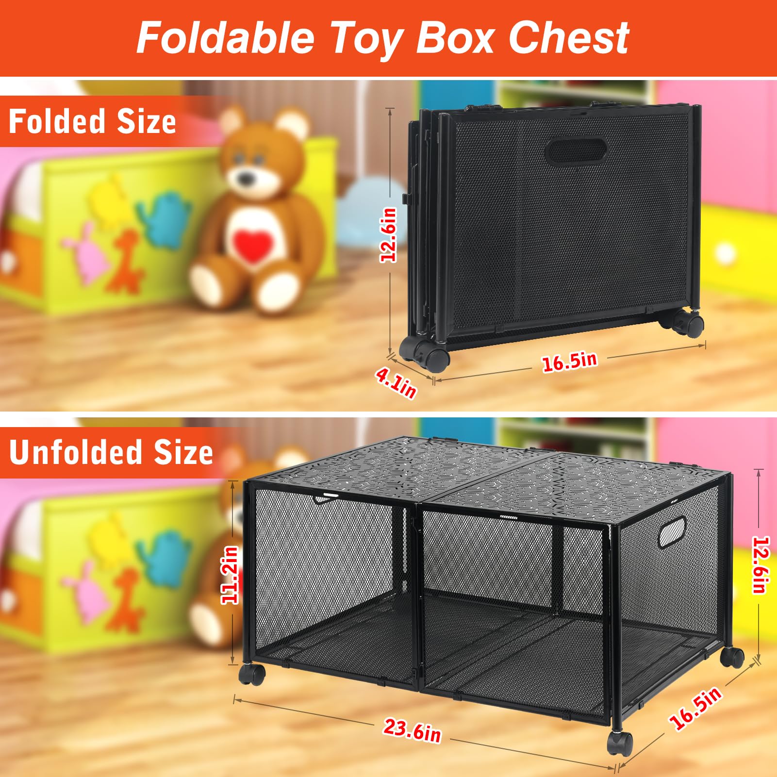 Haturi Large Metal Toy Box Storage, 2 Pack Large Toy Storage and Organizer with Metal Lid, Sturdy Toy Organizer with Wheels, Storage Boxes Bins for Playroom, Living Room, Bedroom (Black Collapsible)