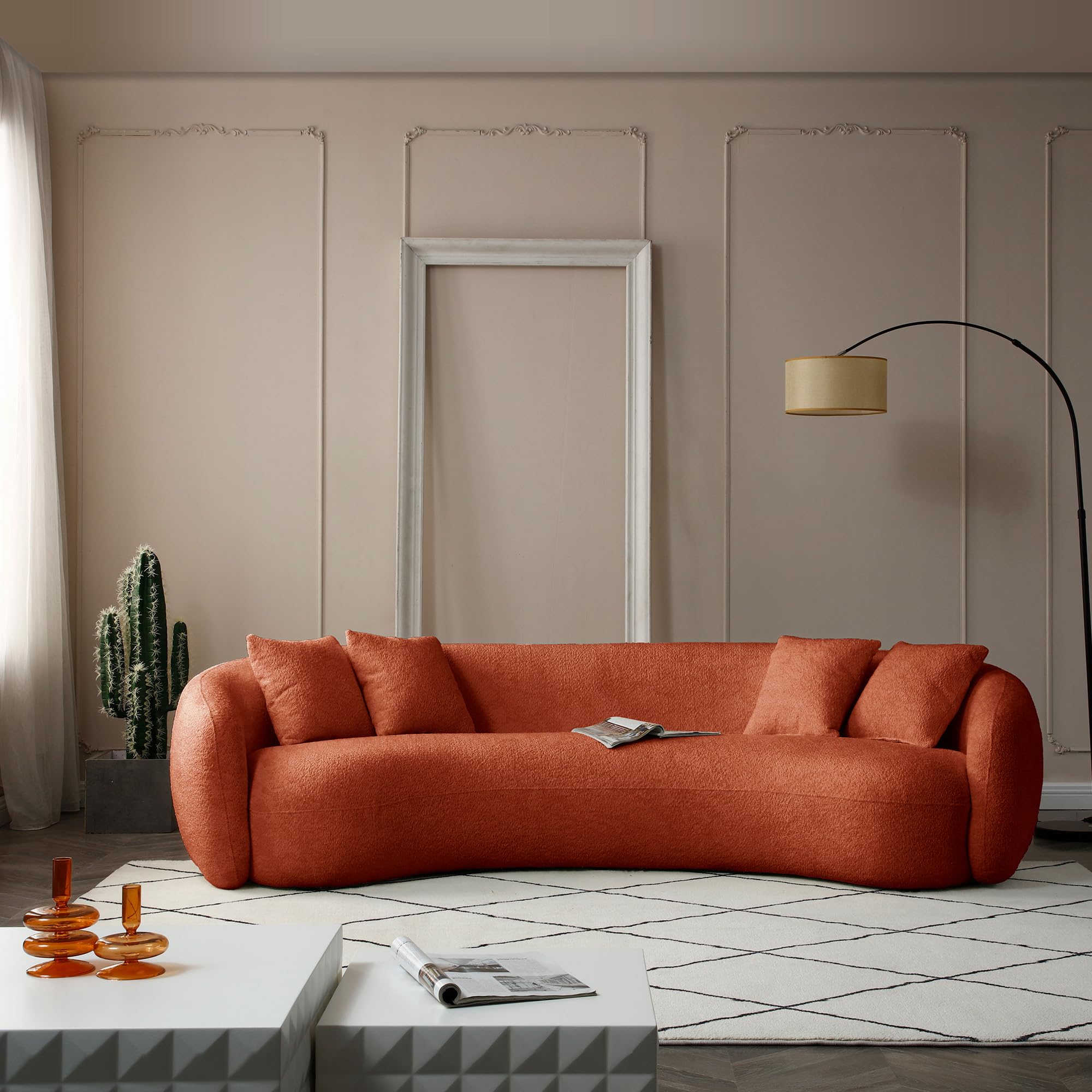 102" Teddy Fleece Boucle Sofa Modern Half Moon Comfy Sectional Leisure Couch, Beautiful Freestanding Curved Sofa & Couch for Living Room, Professionally Upholstery Perfect Shape, Orange 5 Seaters