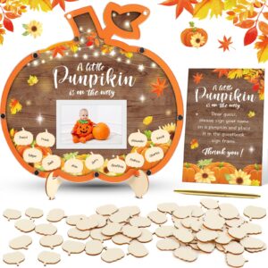 64pcs little pumpkin baby shower guest book alternatives fall baby shower decorations, he or she gender reveal wooden sign in guest book photo frame keepsakes for guests girl boy birthday party favors