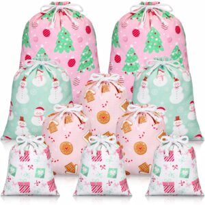 clysee 10 pcs pink christmas fabric gift bags with drawstrings xmas stocking storage sacks large medium small reusable christmas gift bag cotton wrapping bags for xmas presents party favor