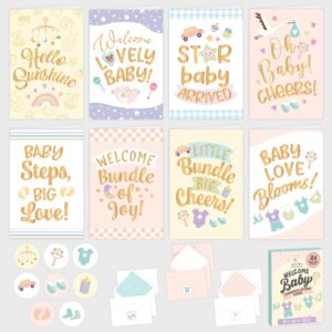 24 pack gold foiled baby cards congratulations with envelopes & stickers, 8 designs with printed message new baby cards, 4x6" new baby card baby shower cards gender neutral, baby congratulations cards