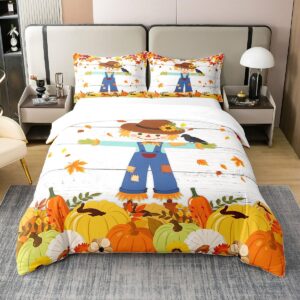 100% nature cotton watercolor thanksgiving pumpkins duvet cover queen,vintage rustic farmhouse scarecrow fall leaves super soft bedding set,vintage wooden stripes comforter cover bedding 3 piece