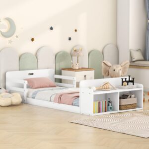 Bellemave Twin Size Floor Bed with Headboard and Footboard Solid Wood Twin Bed for Kids with Storage Footboard and Guardrail, White