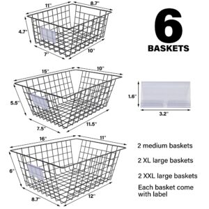 DR.DUDU 6 Pack Extra Large Wire Storage Baskets for Organizing with Lables, Metal Kitchen Organizers and Storage Baskets for Pantry Garage Freezer, Onion Potato Snack Storage Bins (Black)