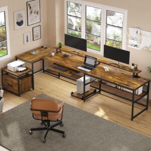 sedeta u shaped desk, reversible l shaped home office desk with file drawer & power outlet, 101.5'' computer two person desk with monitor shelf, keyboard tray, gaming desk, rustic brown