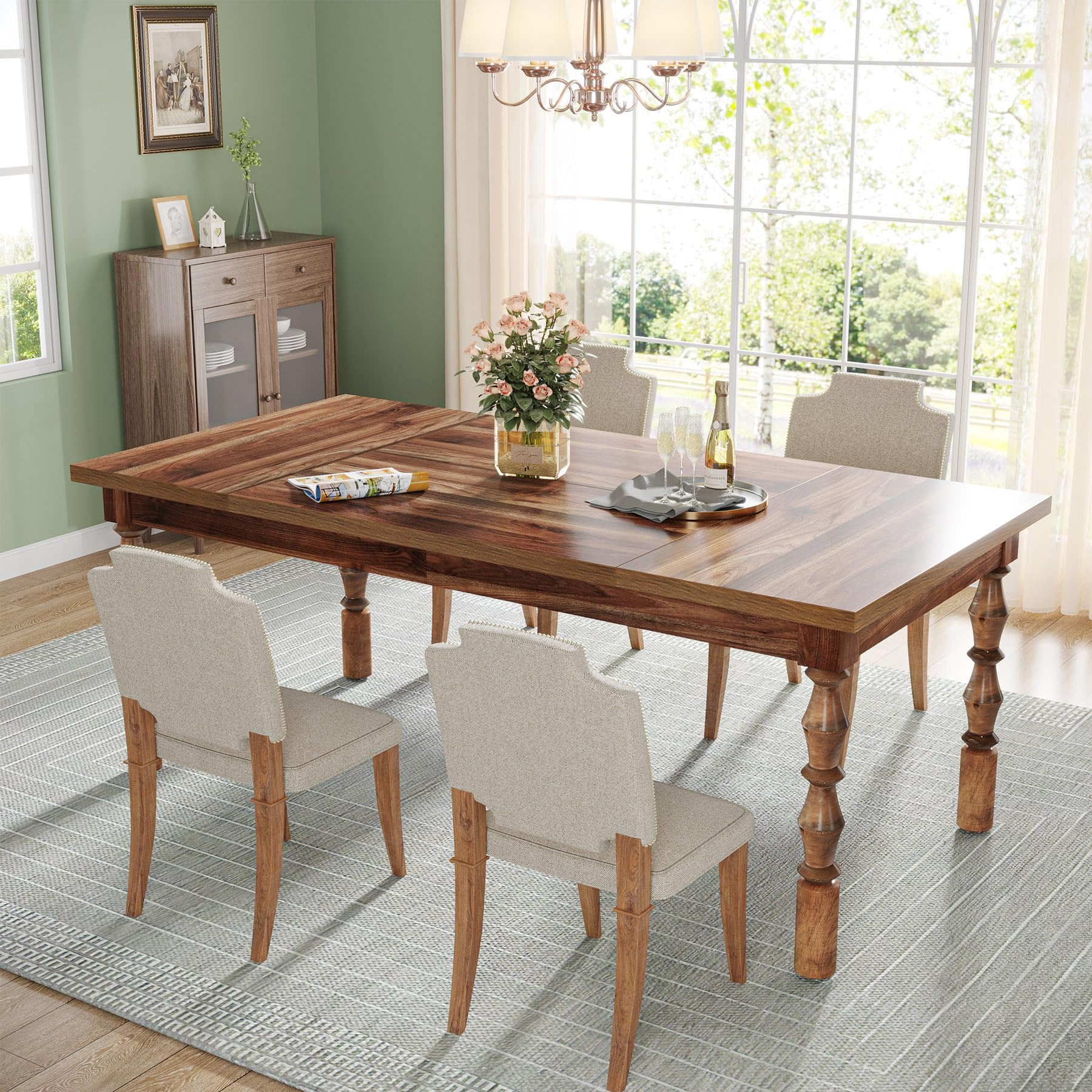 Tribesigns 62” Farmhouse Dining Table for 4-6 People, Large Rectangle Kitchen Table, Dinner Table Kitchen & Dining Room Furniture with Carved Turned Legs