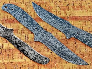 9 inches long rain drop pattern damascus steel trailing point blank blade, knife making supplies, 4.5 inches long straight back scale with 3 pin and a lace holes, 4 inches cutting edge