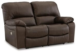 signature design by ashley leesworth modern leather match power reclining loveseat with usb ports, dark brown