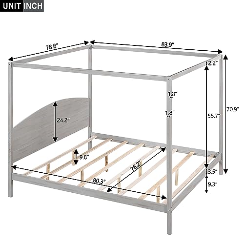 King Size Canopy Bed Frame with Headboard and Support Legs, King Canopy Bed King Size Canopy Bed Frame, Solid Wood King Bed Frame, 4-Post Canopy Bed Frame, No Box Spring Needed, Grey Wash