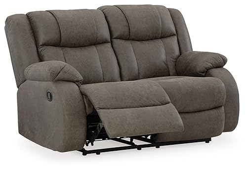 Signature Design by Ashley First Base Contemporary Faux Leather Manual Reclining Loveseat, Gray