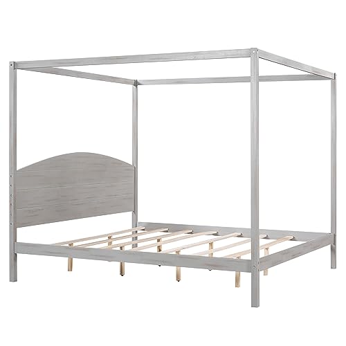 King Size Canopy Bed Frame with Headboard and Support Legs, King Canopy Bed King Size Canopy Bed Frame, Solid Wood King Bed Frame, 4-Post Canopy Bed Frame, No Box Spring Needed, Grey Wash