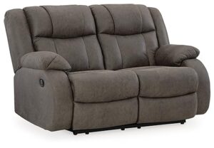 signature design by ashley first base contemporary faux leather manual reclining loveseat, gray