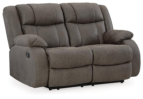 Signature Design by Ashley First Base Contemporary Faux Leather Manual Reclining Loveseat, Gray