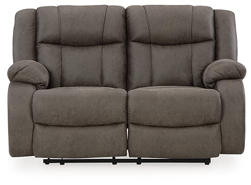 Signature Design by Ashley First Base Contemporary Faux Leather Manual Reclining Loveseat, Gray