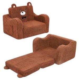 momcaywex kids chairs for toddler, 2-in-1 toddler soft sherpa couch fold out, convertible sofa to lounger for girls and boys, teddy bear, brown