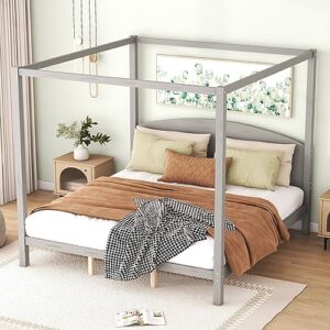 king size canopy bed frame with headboard and support legs, king canopy bed king size canopy bed frame, solid wood king bed frame, 4-post canopy bed frame, no box spring needed, grey wash