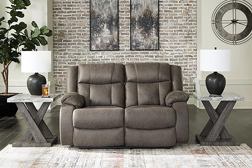 Signature Design by Ashley First Base Contemporary Faux Leather Manual Reclining Loveseat, Gray