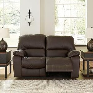 Signature Design by Ashley Leesworth Modern Leather Match Power Reclining Loveseat with USB Ports, Dark Brown