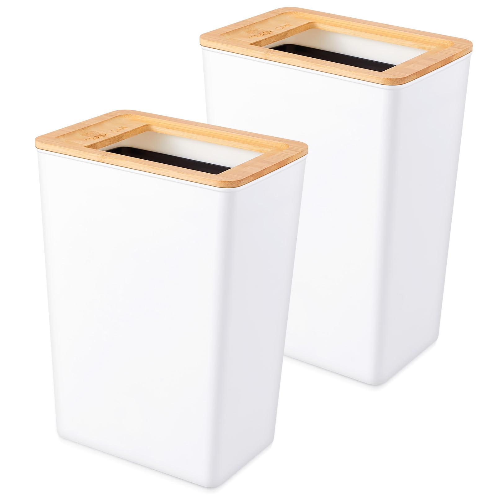 Suclain 2 Pcs Slim Trash Can 2.3 Gal, Small Wastebasket with Semi Open Bamboo Lid Plastic Waste Basket Rectangular Garbage Container Bin Trashcan for Bathroom Bedroom Kitchen Office Living Room Home