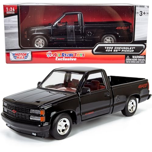 All Star Toys 1992 Chevy 454SS Pickup Truck 1/24 Scale Diecast Model Car Black with Red Interior Motormax 73203 Exclusive Edition